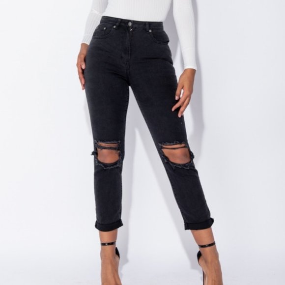 Jeans | Black High Waist Ripped Distressed Cuffed Boyfriend Jeans Denim ...